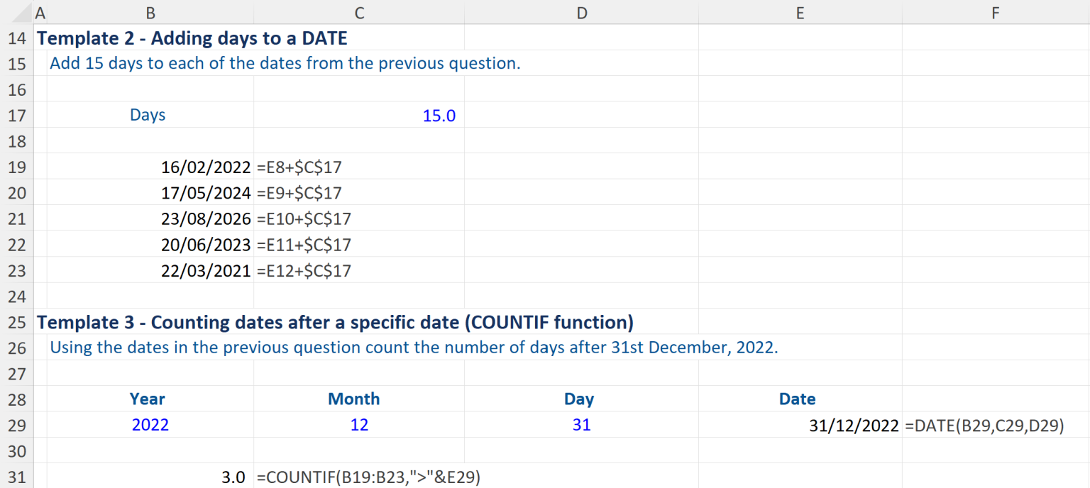 DATE Function - Excel Examples - Free Practise Sheet