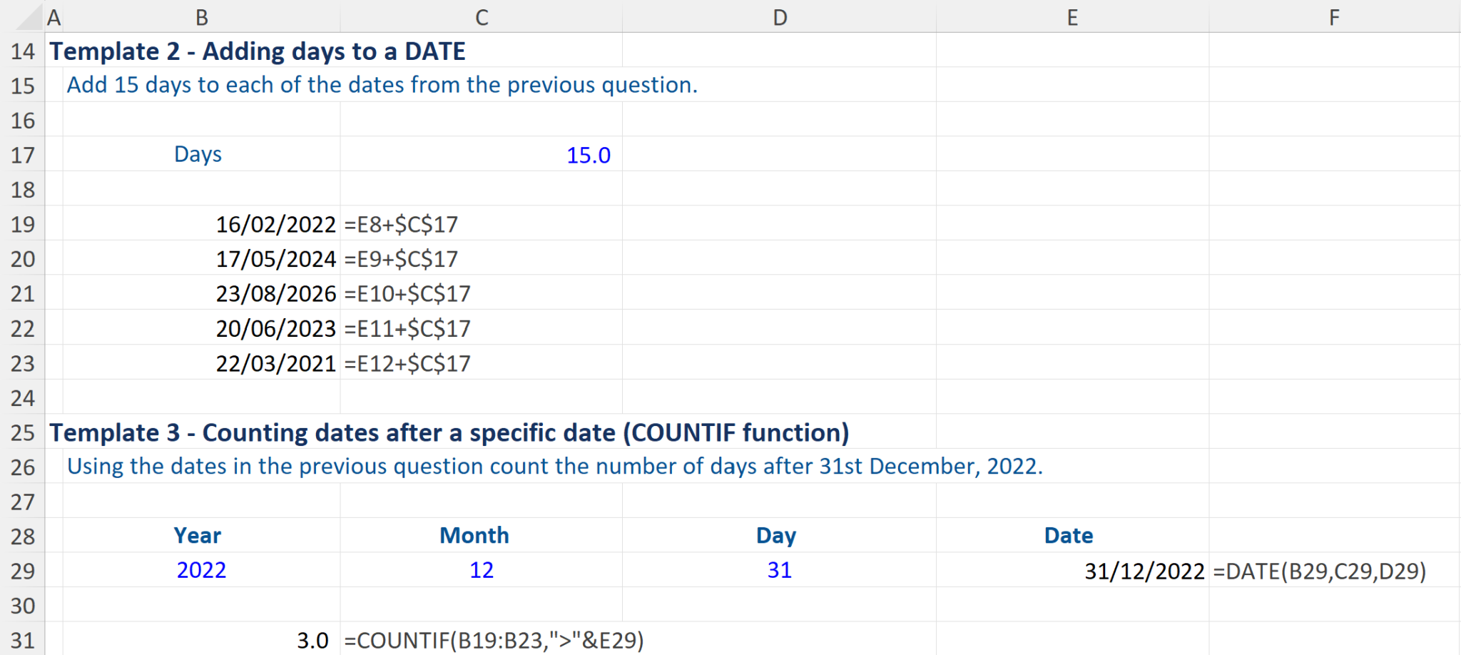 DATE Function - Excel Examples - Free Practise Sheet